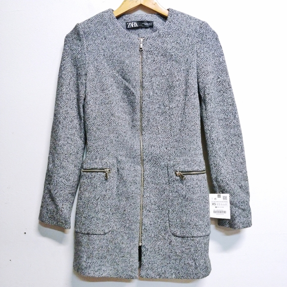 Zara | Jackets & Coats | Nwt Zara Navy Blue Herringbone Zipup Frock ...